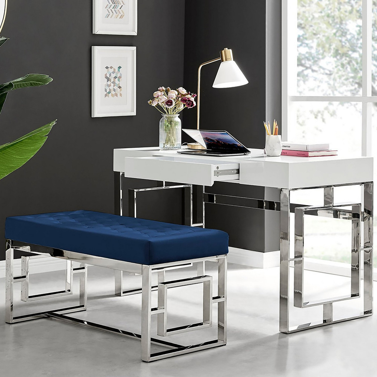 Cambridge Navy Velvet Chrome Dressing Table and Stool Set